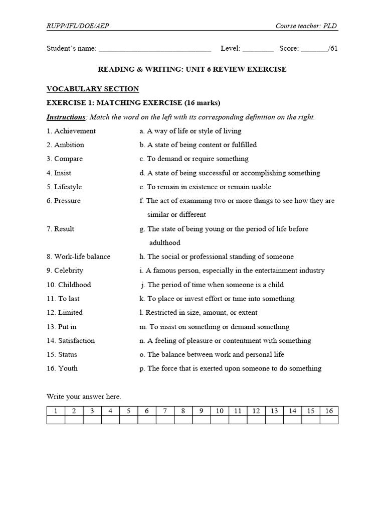 AEP L6 RW Unit 6 Review Exercise NO KEY | PDF | Social Psychology
