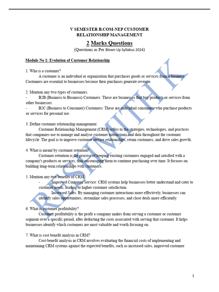 CRM 2mark Q&A | PDF | Customer Relationship Management | Sales