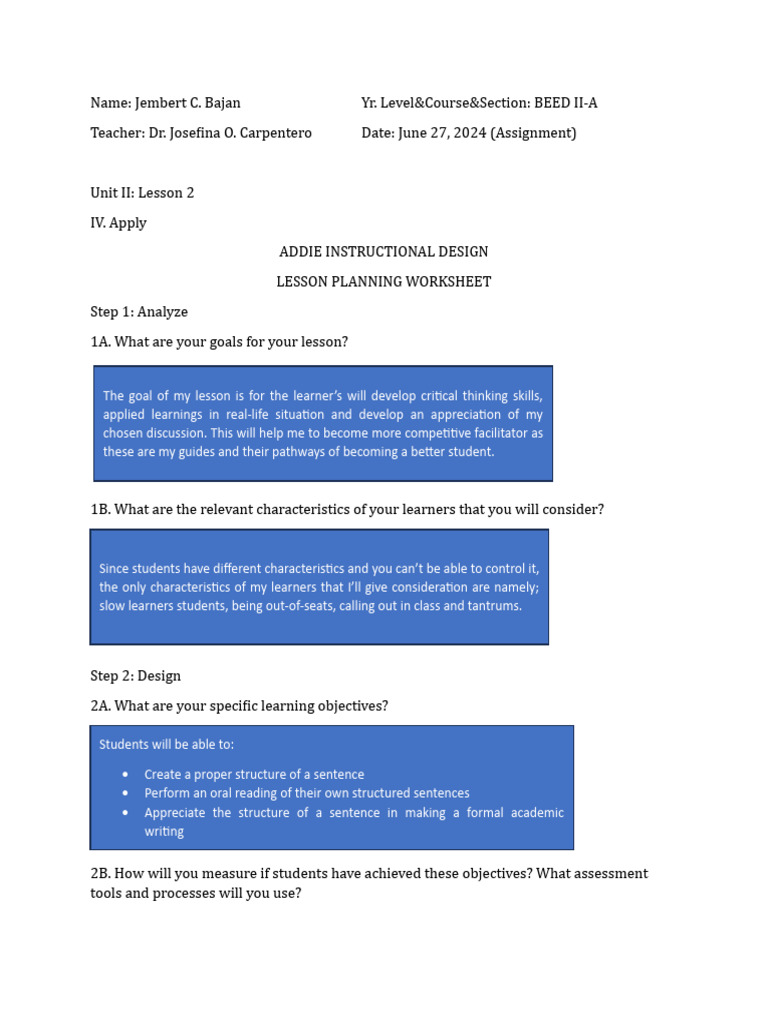 MTB MLE Unit II Lesson 2 Assignment | PDF | Learning | Cognitive Psychology