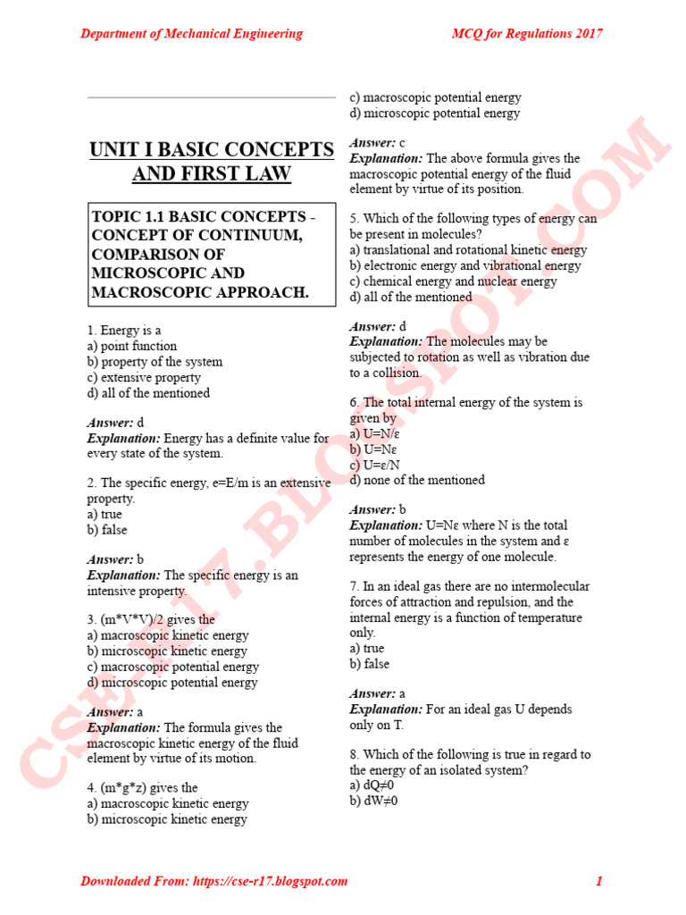 ME 8391 Engineering Thermodynamics MCQ 2020 | PDF | Heat | Entropy