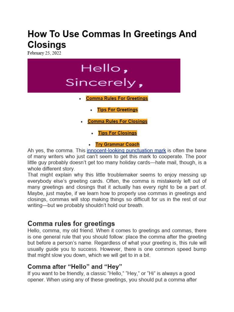 How To Use Commas in Greetings and Closings | PDF | Comma | Syntax