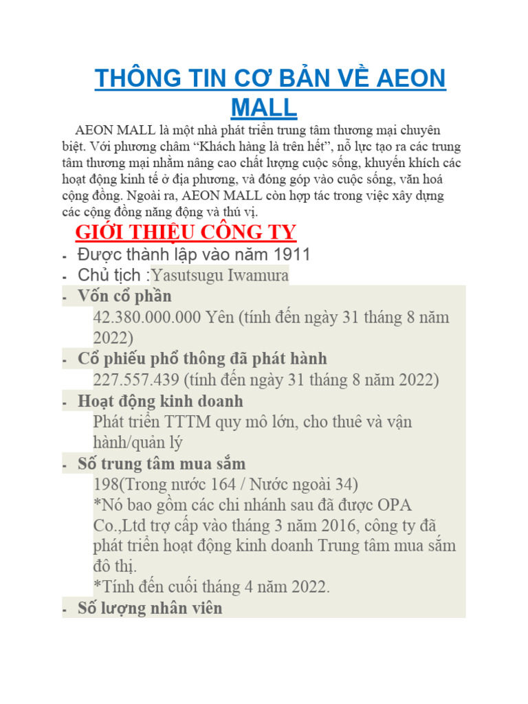 THÔNG TIN CƠ BẢN VỀ AEON MALL | PDF