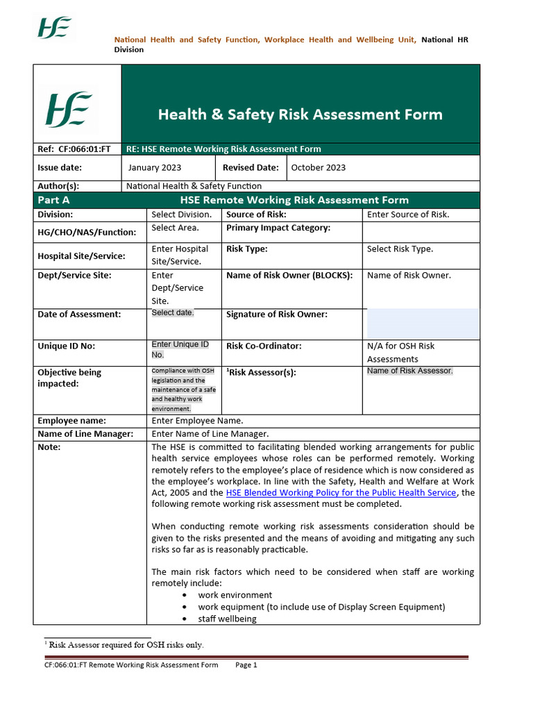 CF 066 01 FT Remote Working Risk Assessment Form Fillable Form ...