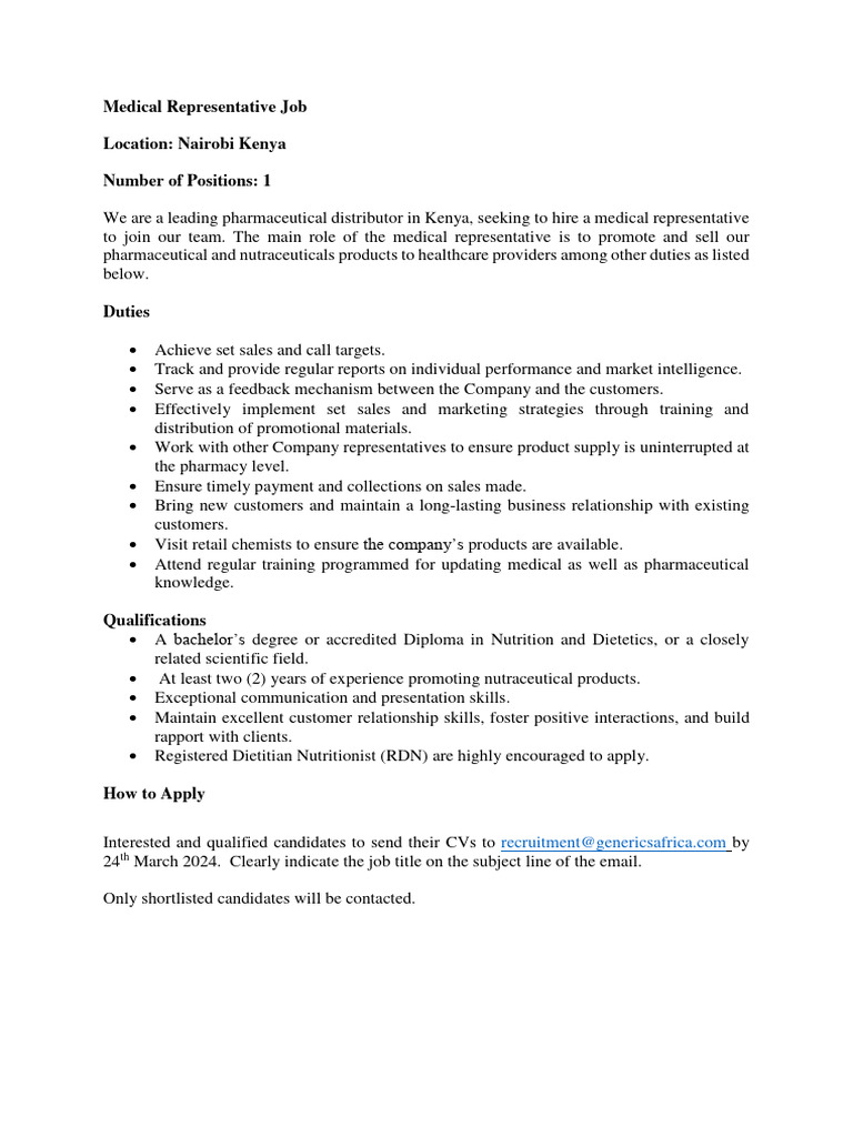 Job Advert - Medical Representative. | PDF | Business