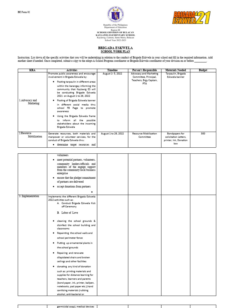 BE Form 2 SCHOOL WORK PLAN KES | PDF