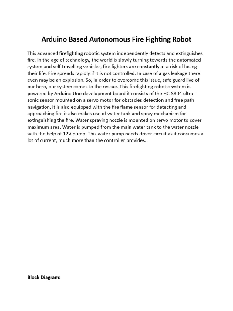 Arduino Based Autonomous Fire Fighting Robot: Block Diagram | PDF