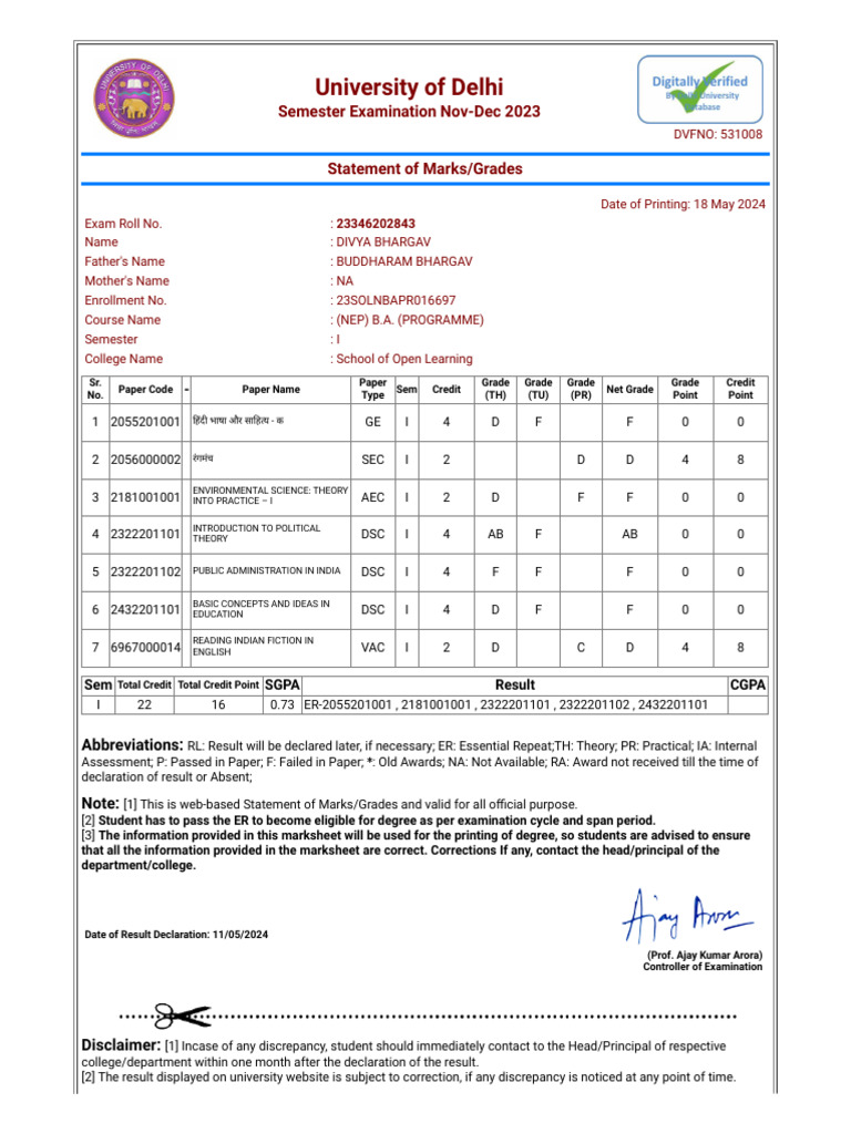Marksheet Sol 1st Semester 2023 | PDF