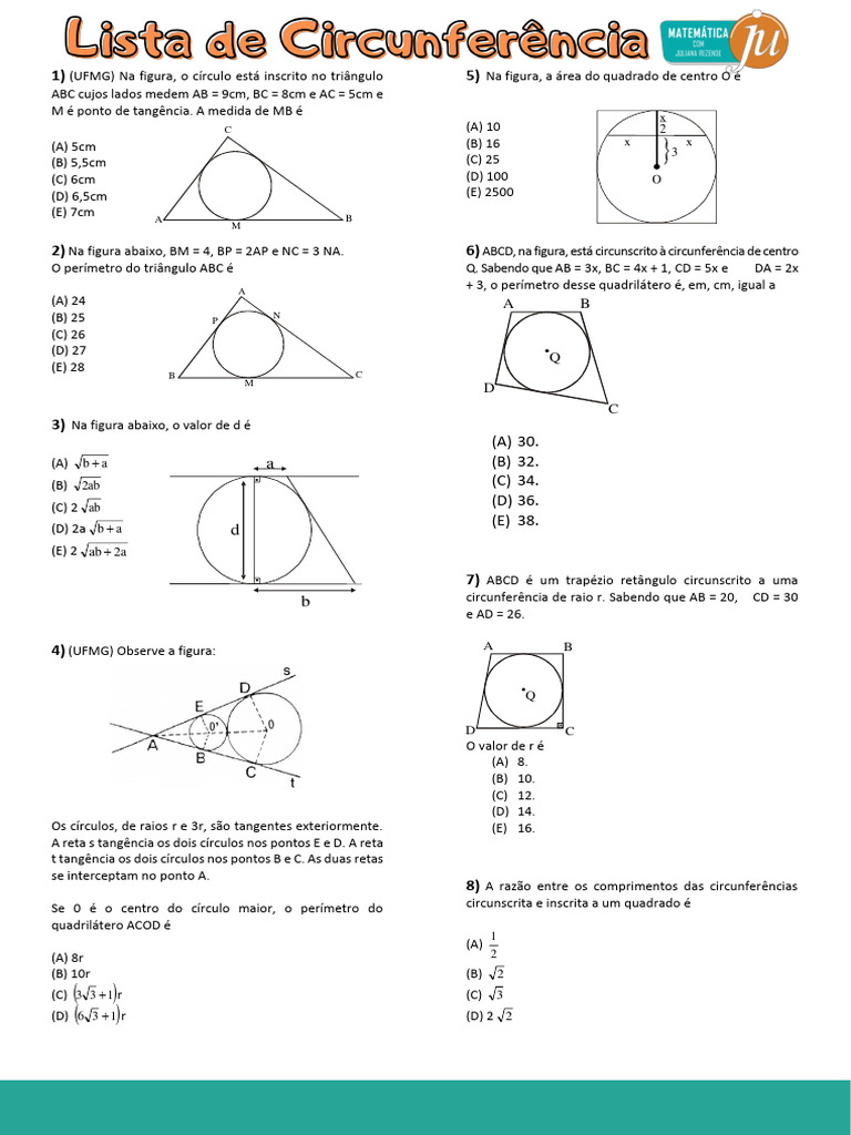 Lista 2 Circunferência e Círculo 2024 | PDF | Círculo | Triângulo