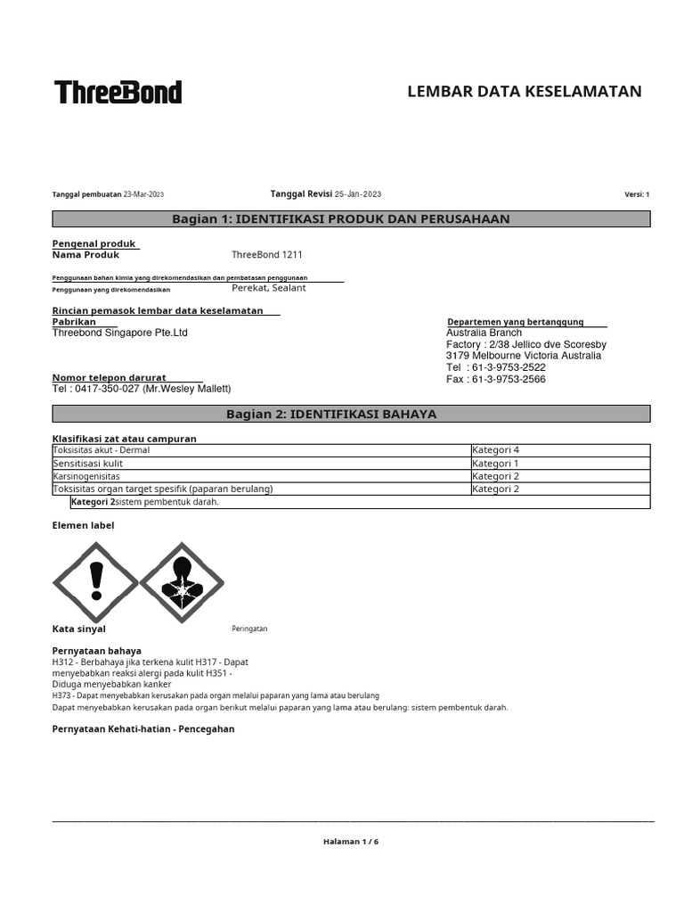 Lembar Data Keselamatan ThreeBond 1211 | PDF