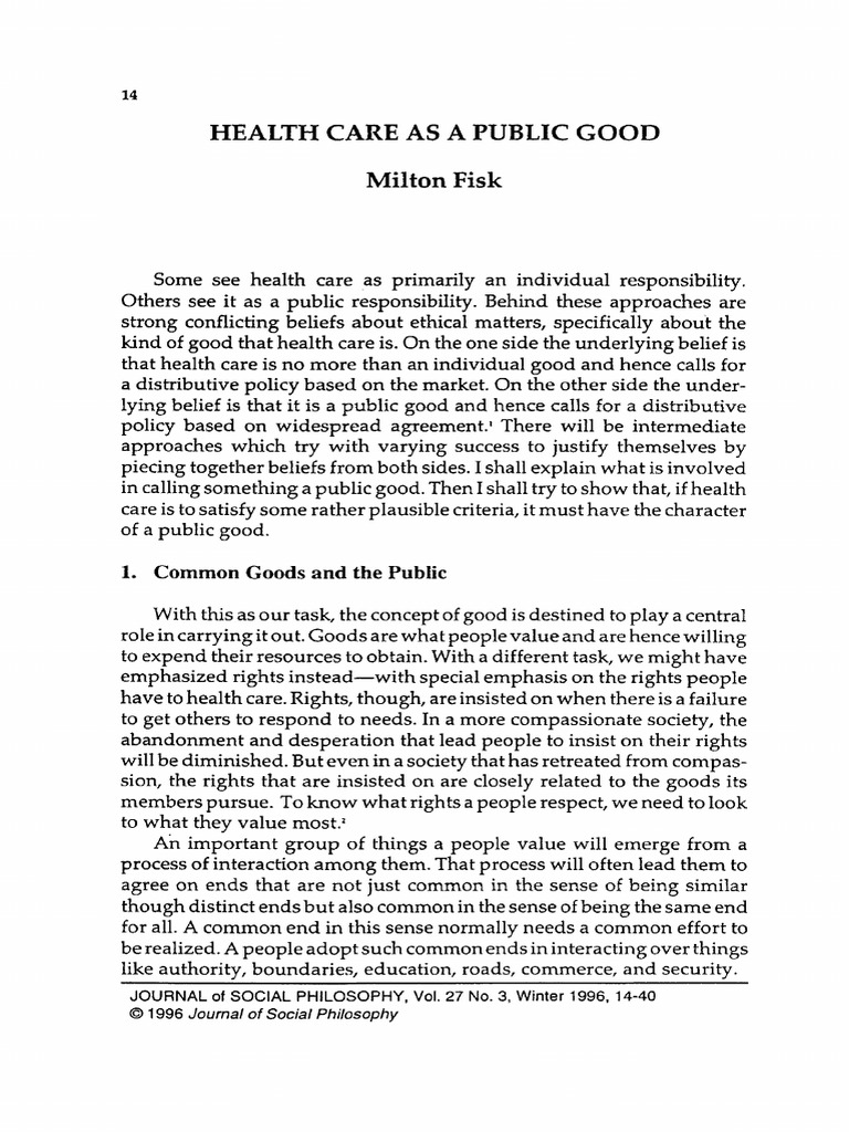 Fisk 1996 [Health Care as a Public Good] | PDF | Insurance | Poverty