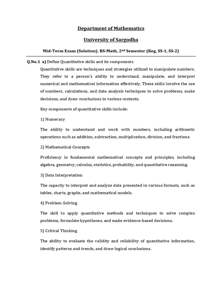 Mid Term (Maths) Solution | PDF | Mathematics | Statistics