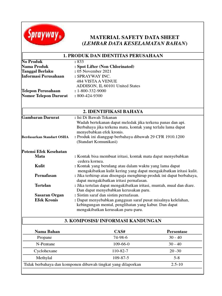 MSDS Sprayway Spot Lifter 833 | PDF