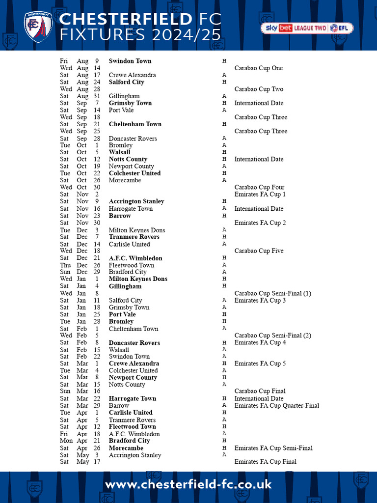 Chesterfield FC 2024/25 Fixtures | PDF | Association Football | English ...