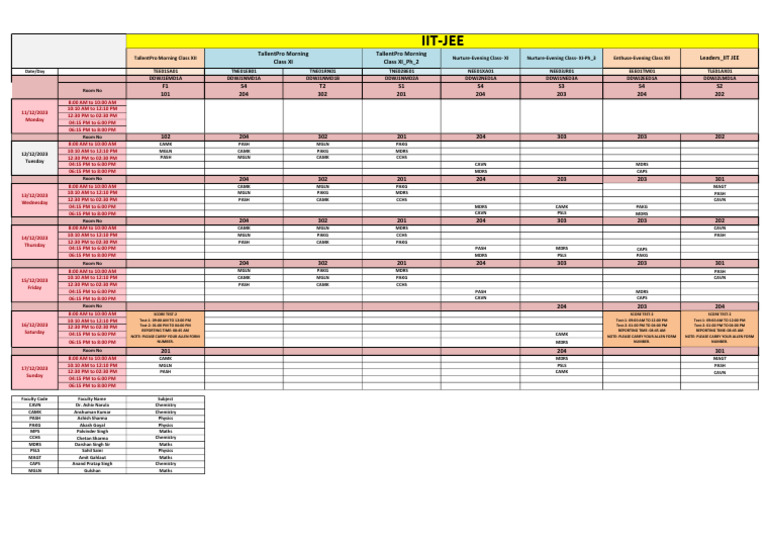 JEE TIME TABLE FORMAT - 11th Dec To 17th Dec 2023 | PDF