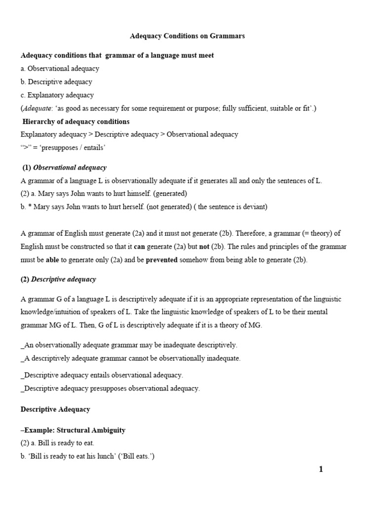 Adequacy Conditions On Grammars | PDF | Language Acquisition | Linguistics