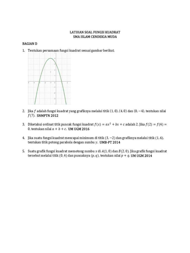 Latihan Soal Fungsi Kuadrat Bag D | PDF