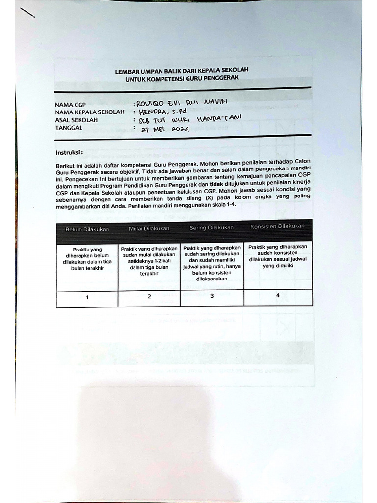 Lembar Umpan Balik Kepsek (Bu Evi) | PDF