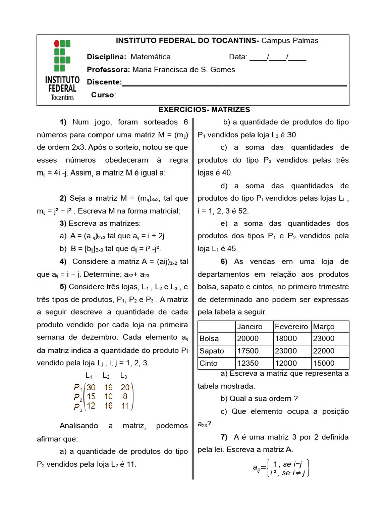 exercícios- matrizes | Download grátis PDF | Matriz (Matemática ...