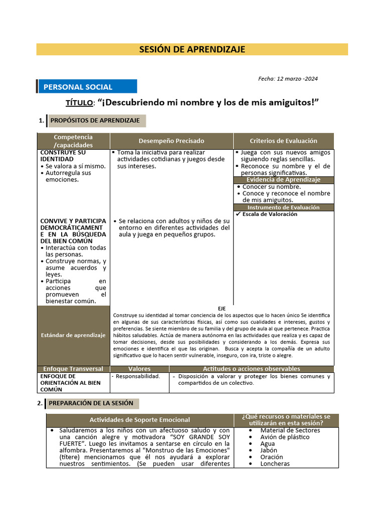 Sesion - Ini - 3a - 12 - Marzo - 2024 | PDF | Aprendizaje | Las emociones