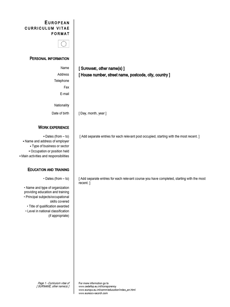 european_format_cv_template | Download Free PDF | Curriculum