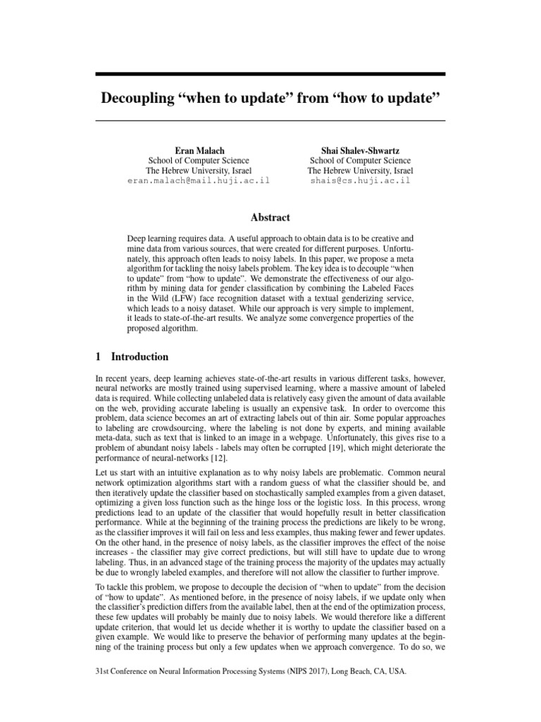 NIPS 2017 Decoupling When To Update From How To Update Paper | PDF | Deep Learning | Artificial ...