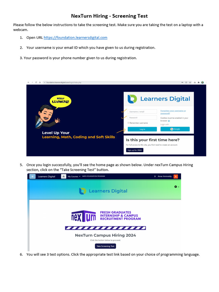 Updated NexTurn Instructions For Attempting Screening Test 2024 | PDF