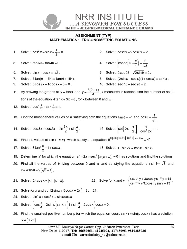 Trigonometric Eqns Assgnmnt 1 | PDF | Trigonometric Functions | Mathematics
