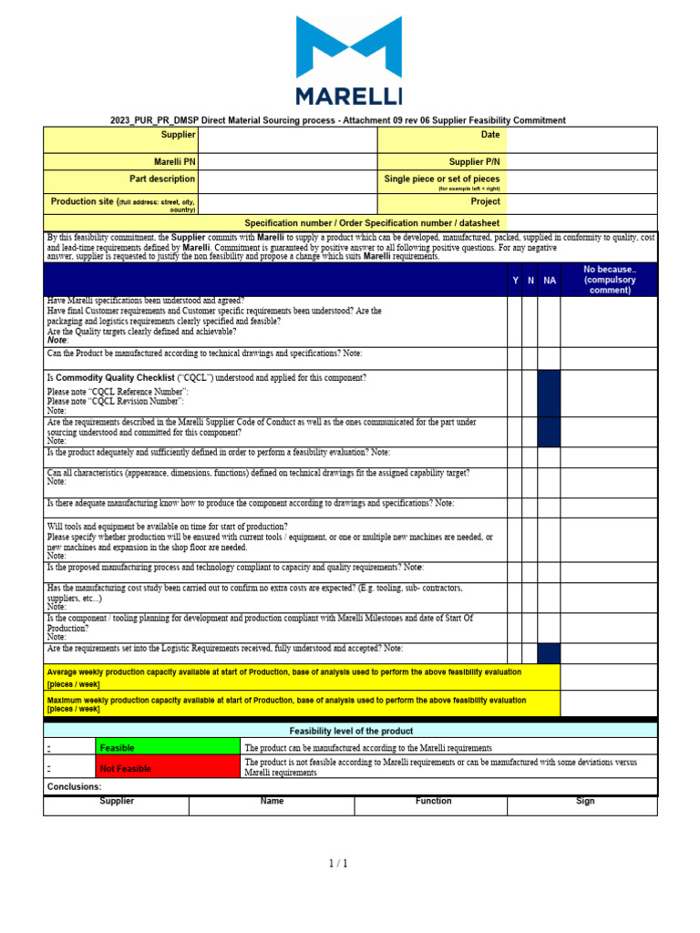Supplier Feasibility Commitment Form | PDF | Specification (Technical ...