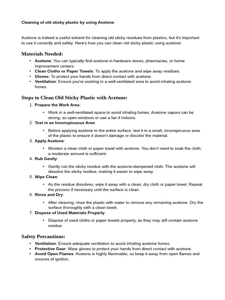 Cleaning of old sticky plastic by using Acetone | PDF | Plastic | Textiles