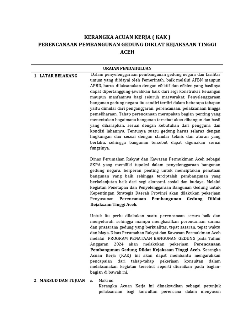 Kerangka Acuan Kerja (Kak) Perencanaan Pembangunan Gedung Diklat Kejaksaan Tinggi Aceh | PDF ...