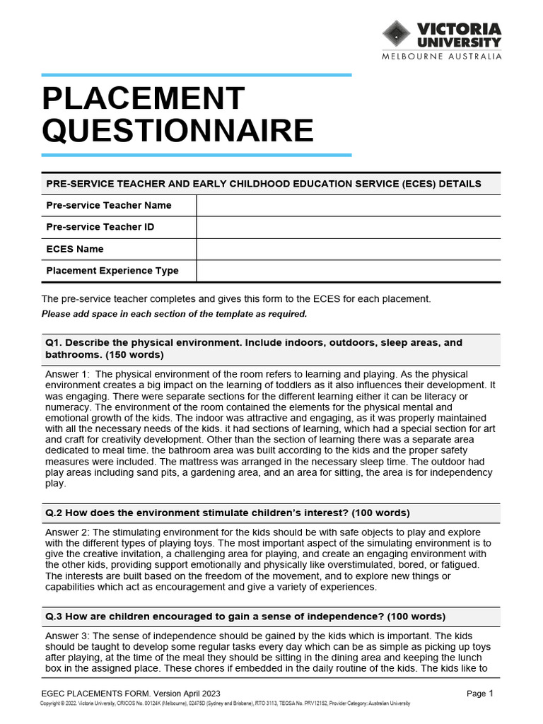 Placement Questionnaire-V.1 | PDF | Teachers | Learning