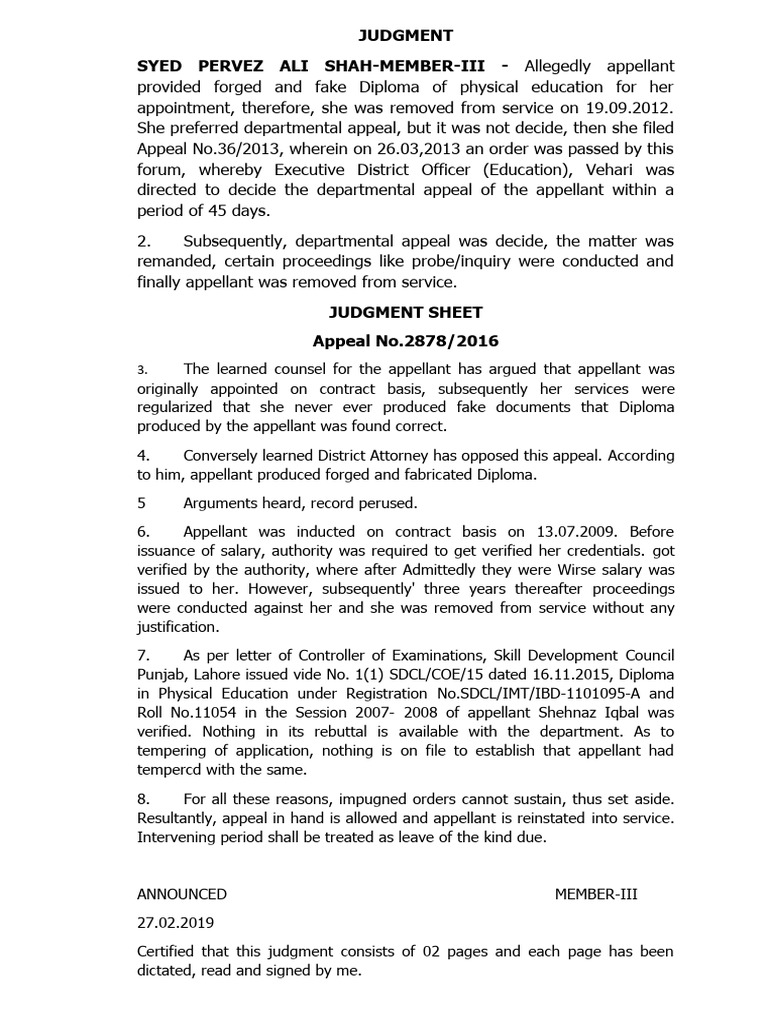 JUDGMENT SHEET Apeal No. 2878 2016 | PDF | Appeal | Judgment (Law)