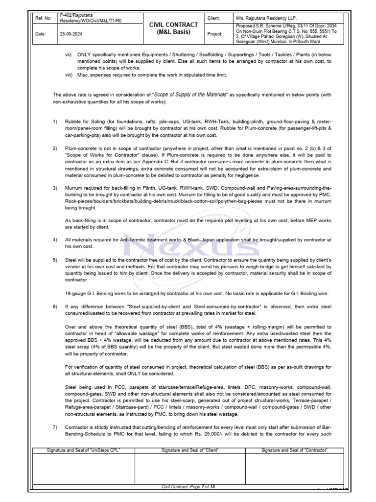 Civil Contract (M&L Basis) | PDF | Plaster | Building Materials