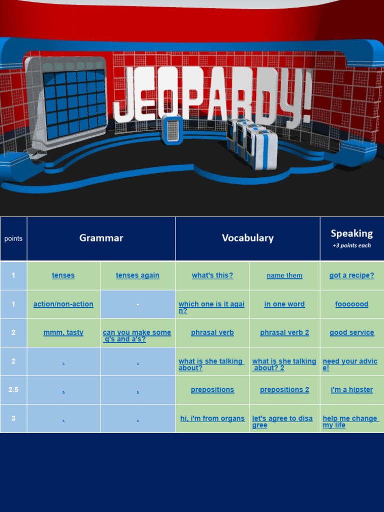 Food and Stuff Jeopardy | PDF | Verb | Preposition And Postposition