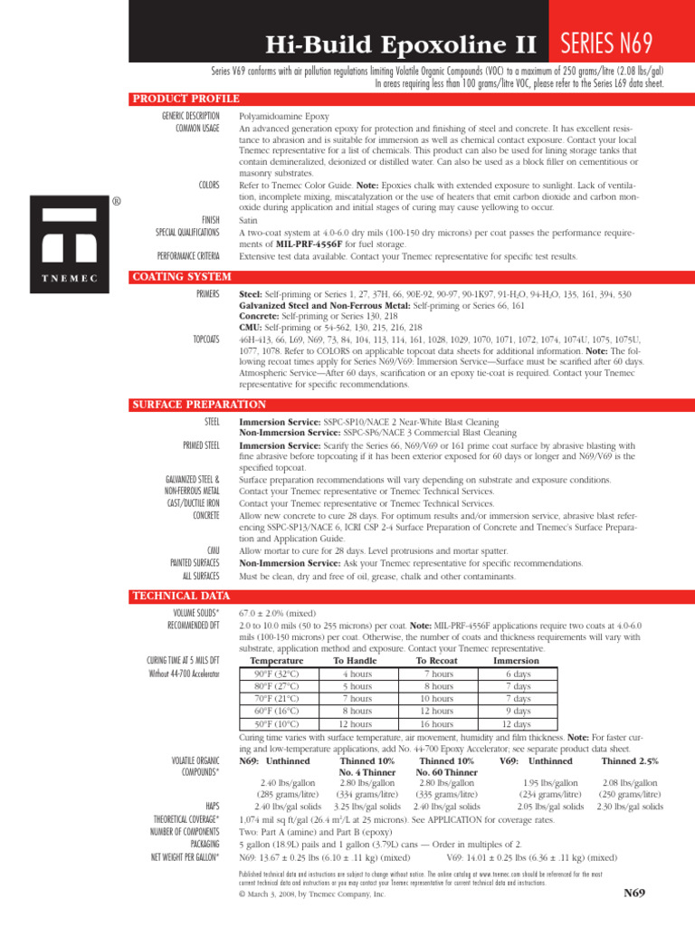 Tnemec N69 Product Data | PDF | Epoxy | Concrete