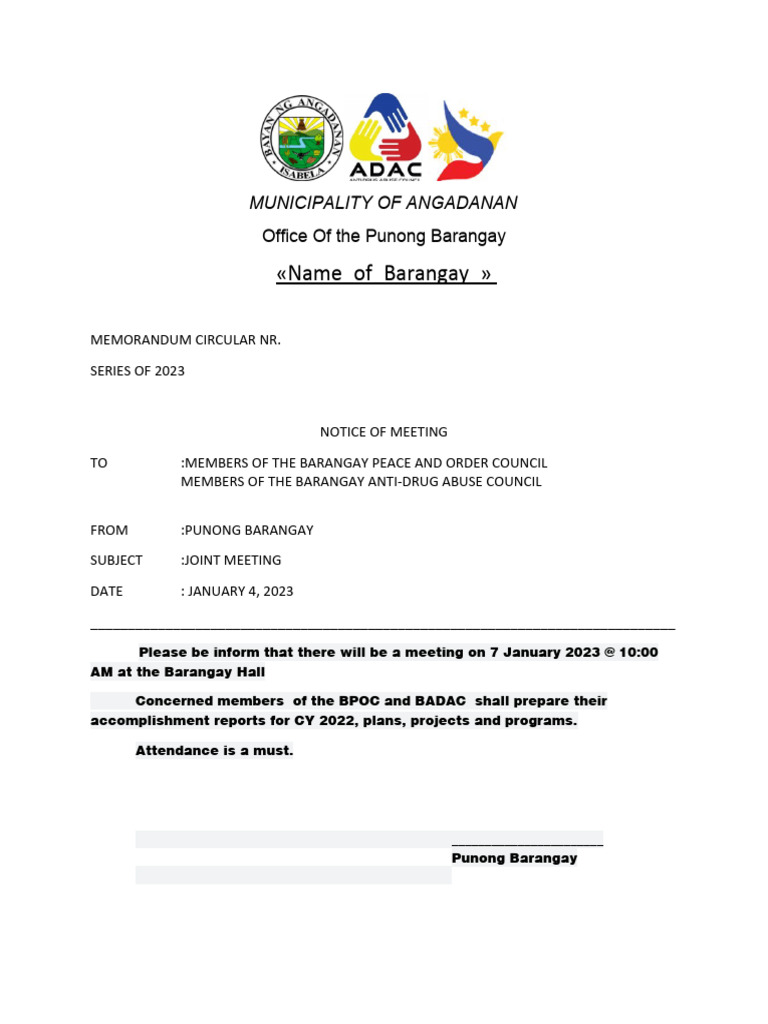 Notice of Meeting Barangay | PDF