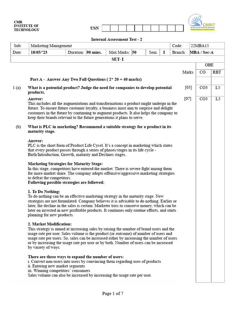 IAT-II Question Paper With Solution of 22MBA15 Marketing Management May ...
