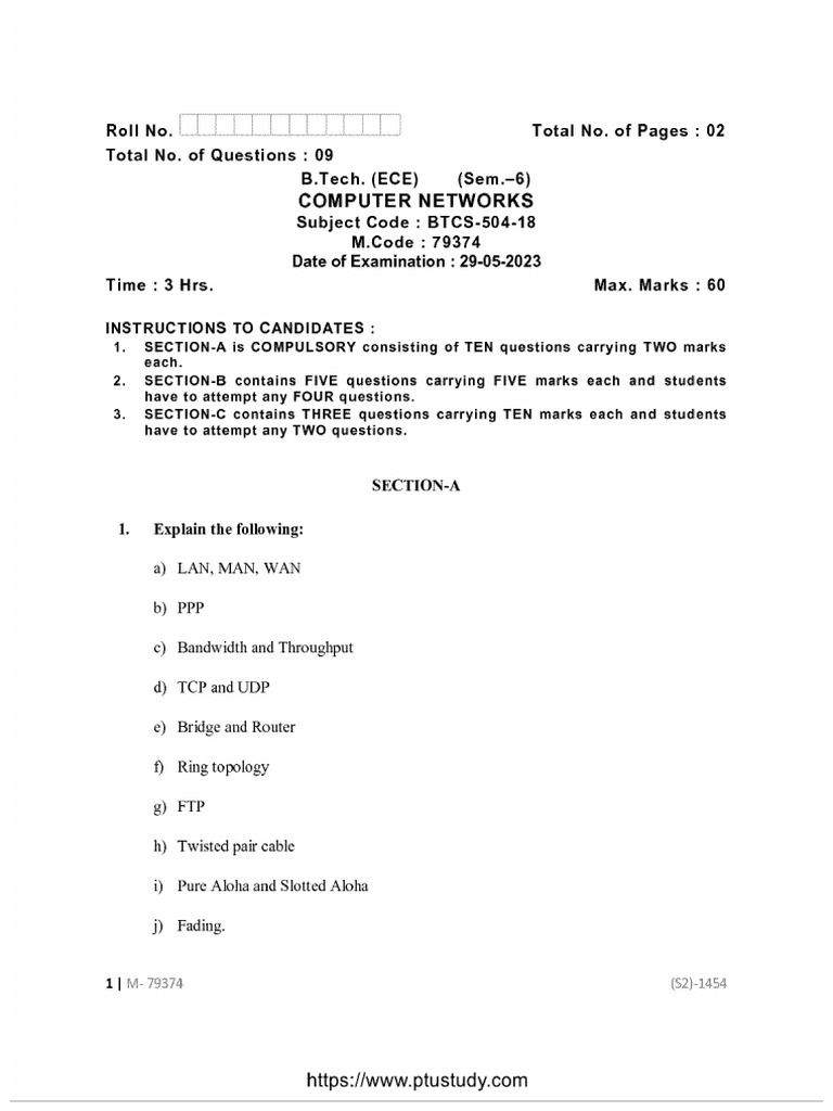 Btech Ece 6 Sem Computer Networks 79374 May 2023 | PDF