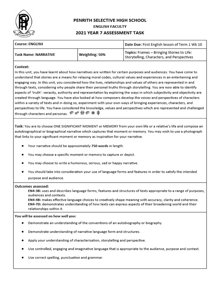 2021 Year 7 - Narrative - Assessment | PDF | Narrative | Storytelling