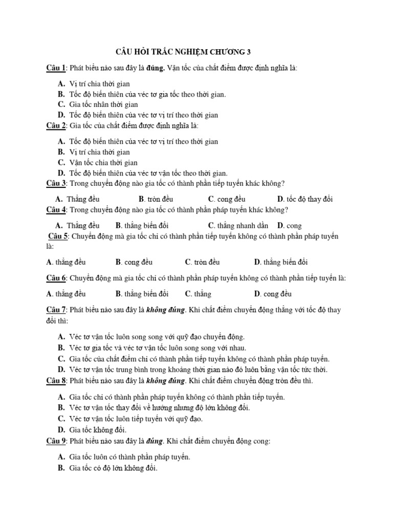Câu Hỏi Trắc Nghiệm Chương 3- Sv | PDF