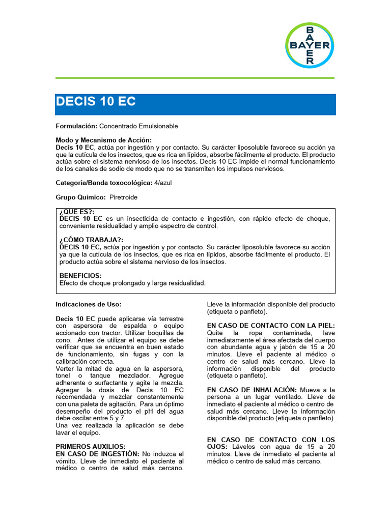 Decis 10 Ec Bayer Ficha Tecnica Guatemala | PDF | Agua | Brócoli