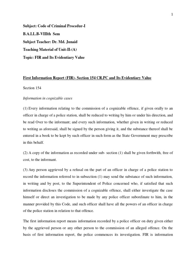 First Information Report (FIR) - Section 154 CR - PC and Its Evidentiary Value | PDF | Witness ...