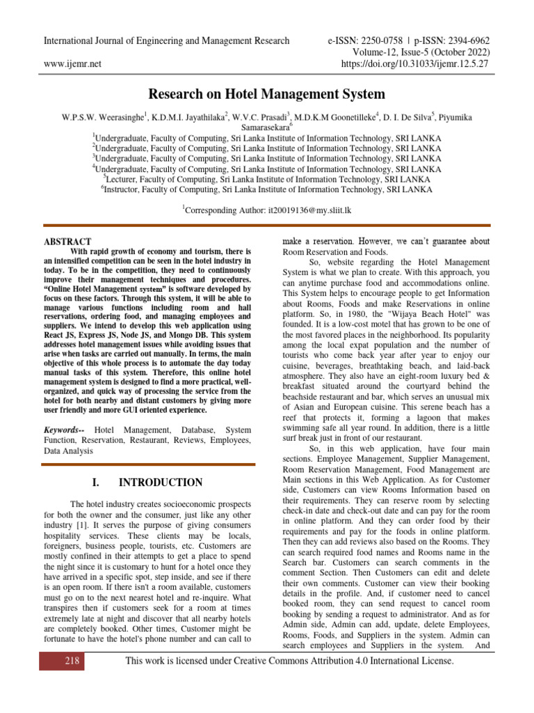 Research On Hotel Management System | PDF | Java Script | Computing