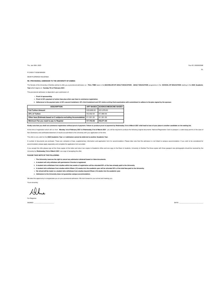 2020 Admission Acceptance Letters | PDF