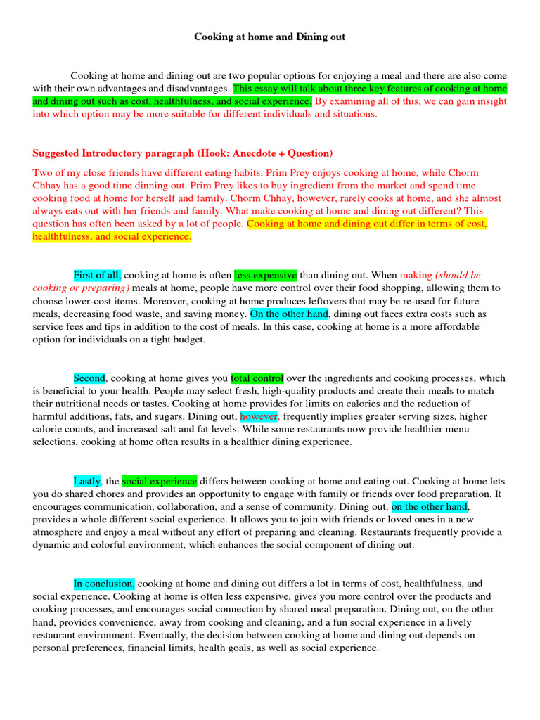 Cooking at Home vs. Dining Out: Pros and Cons | PDF | Cooking | Restaurants