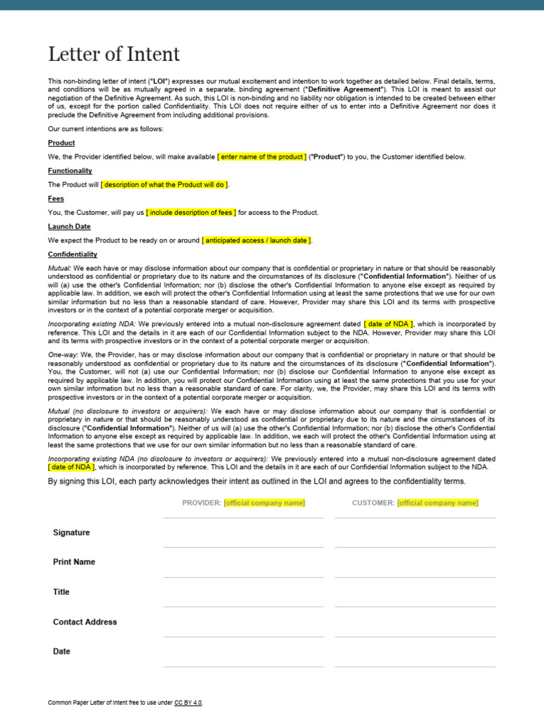 Common Paper Letter of Intent | PDF | Non Disclosure Agreement | Business