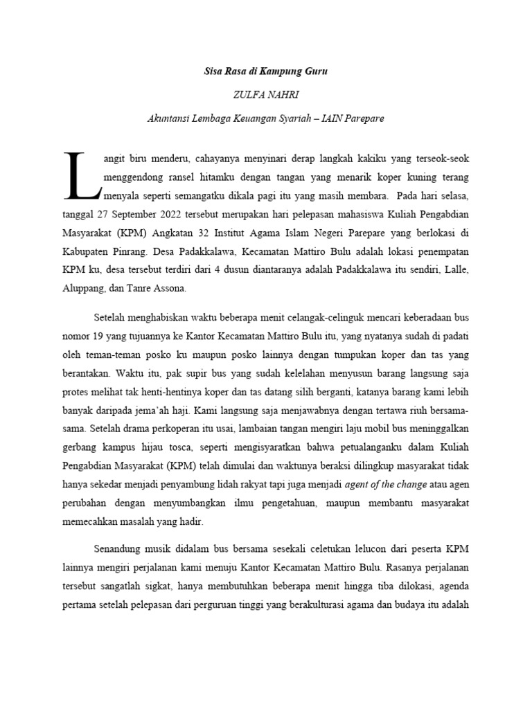 Cerita Non Fiksi - KPM Reguler - Posko 22 - Zulfa Nahri - 19.2800.056 | PDF | Agama & Spiritualitas