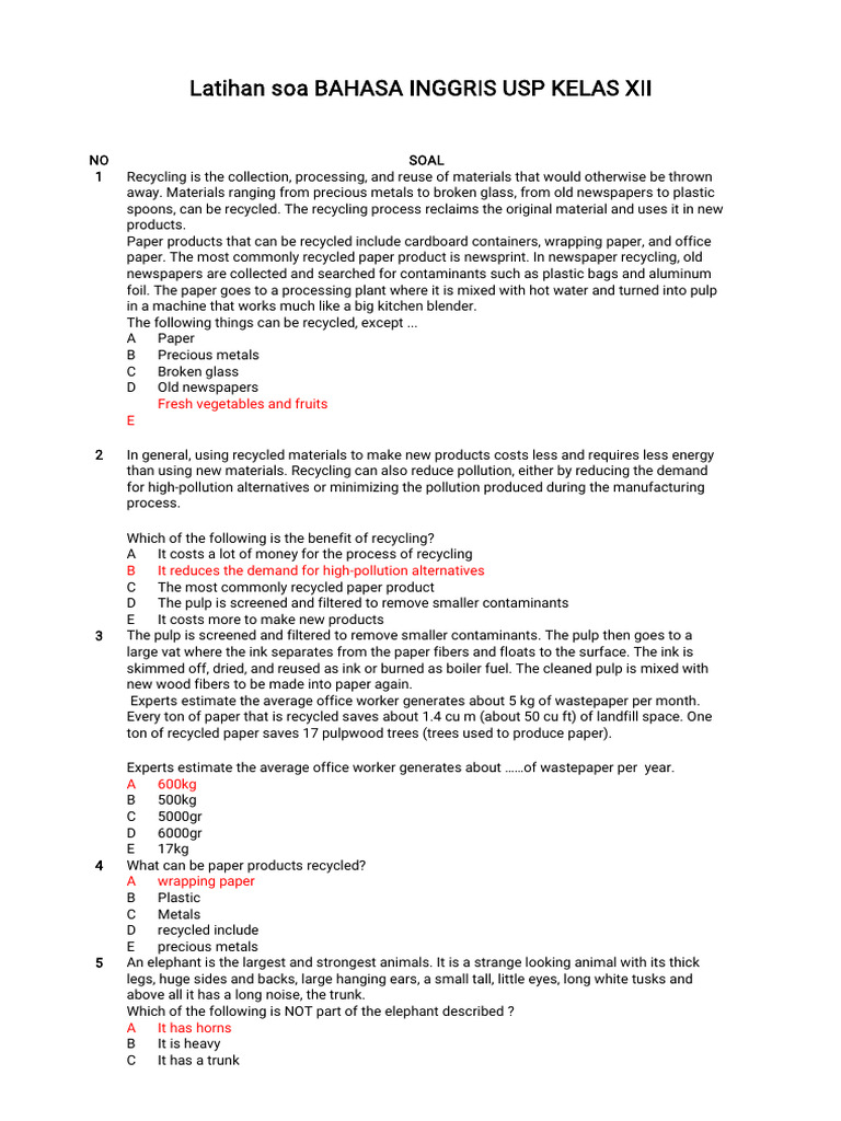 Latihan Soal Usp Kelasxiiwww | PDF | Recycling | Paper