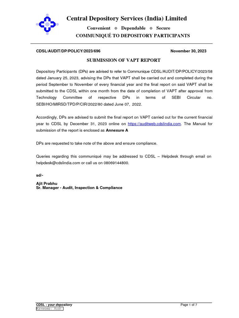 Communiques - DP - DP-696-Submission of VAPT Report | PDF | Computer ...