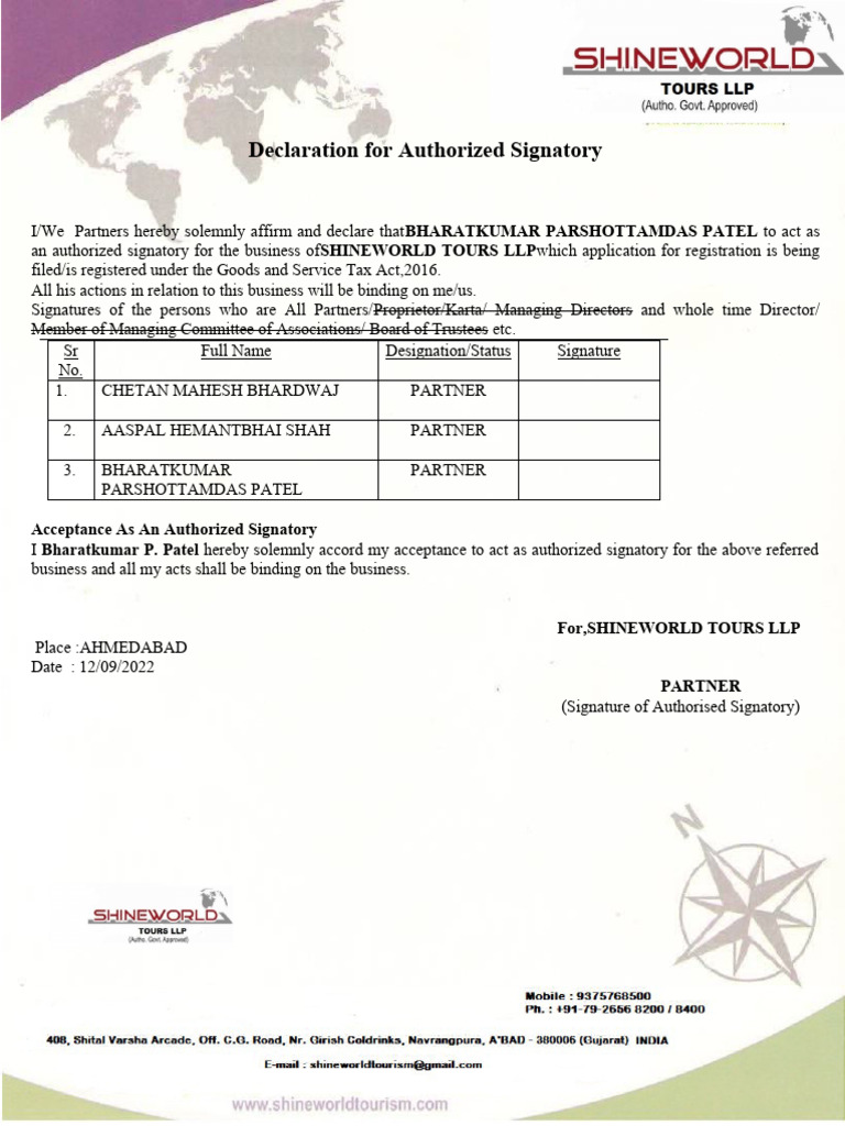 Shineworld Tours LLP Authorised Latter | PDF